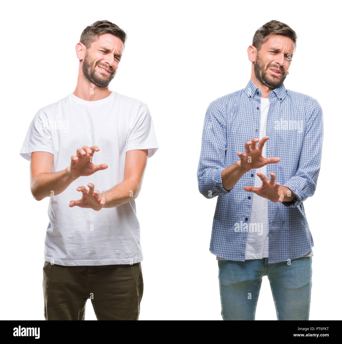 Collage of young man wearing casual look over white isolated backgroud ...