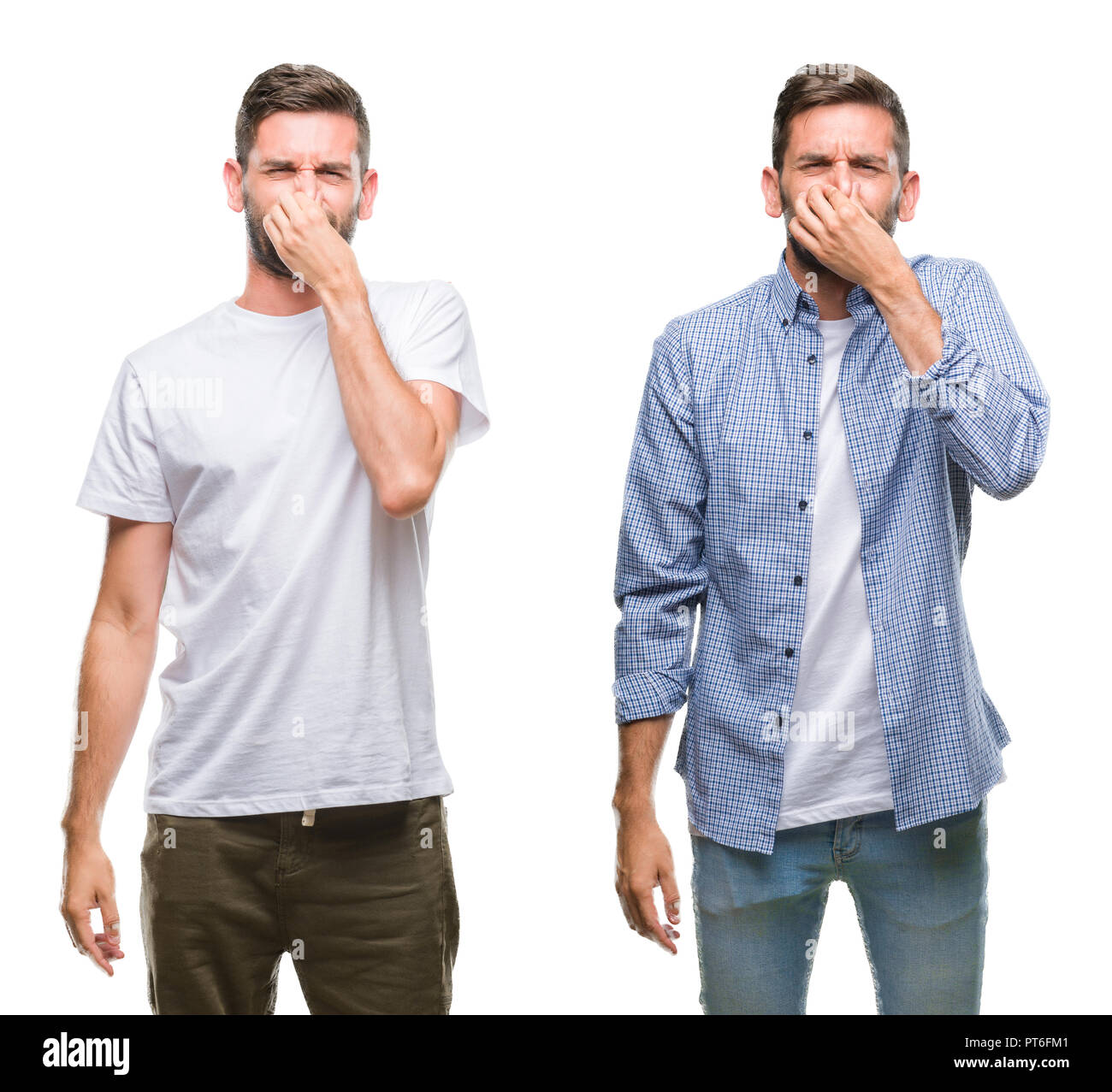 Collage of young man wearing casual look over white isolated backgroud ...