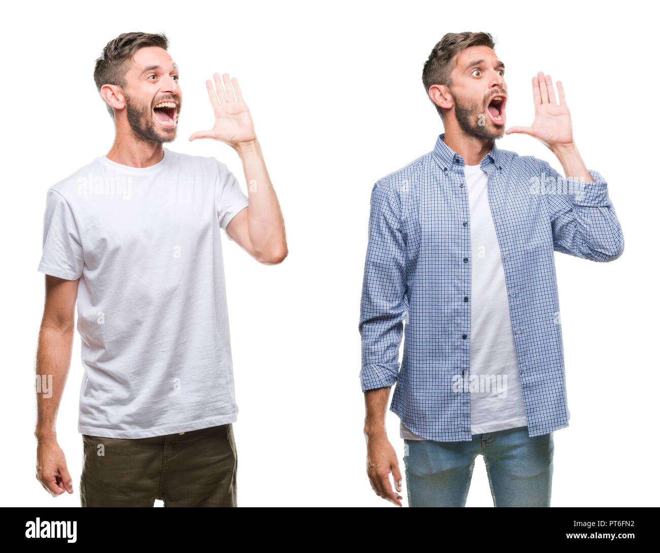 Collage of young man wearing casual look over white isolated backgroud ...