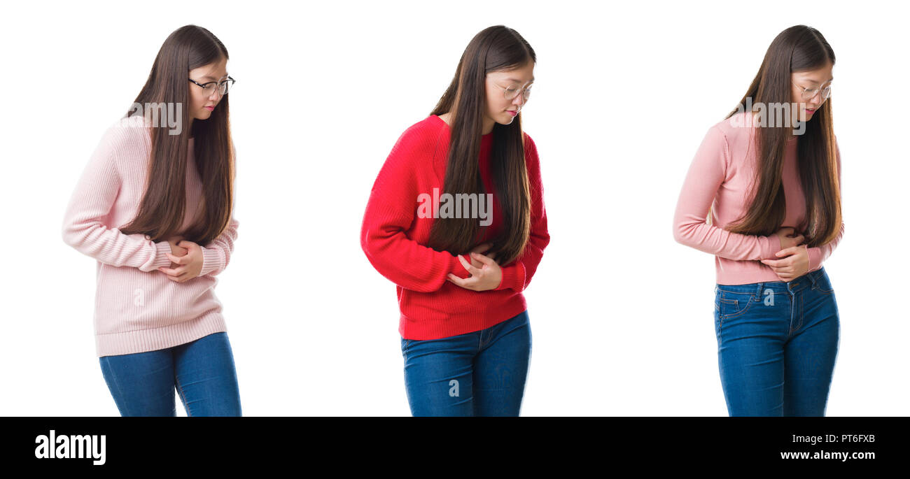 Collage of young beautiful Chinese woman over isolated background with ...