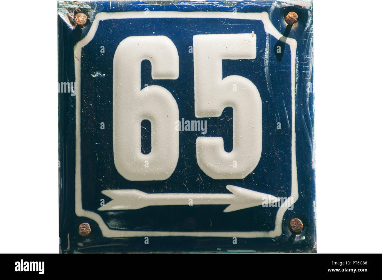 Weathered grunge square metal enameled plate of number of street ...