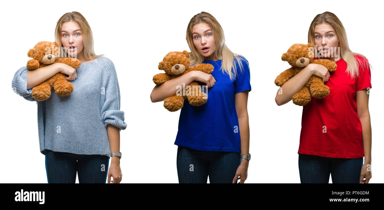 Collage of young beautiful blonde woman holding teddy bear over white ...