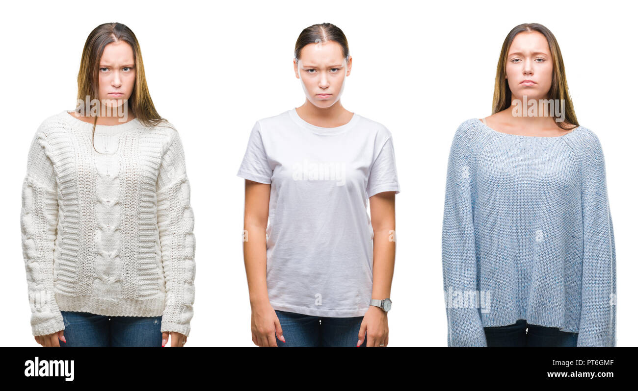 Collage of young beautiful girl wearing winter sweater over white ...