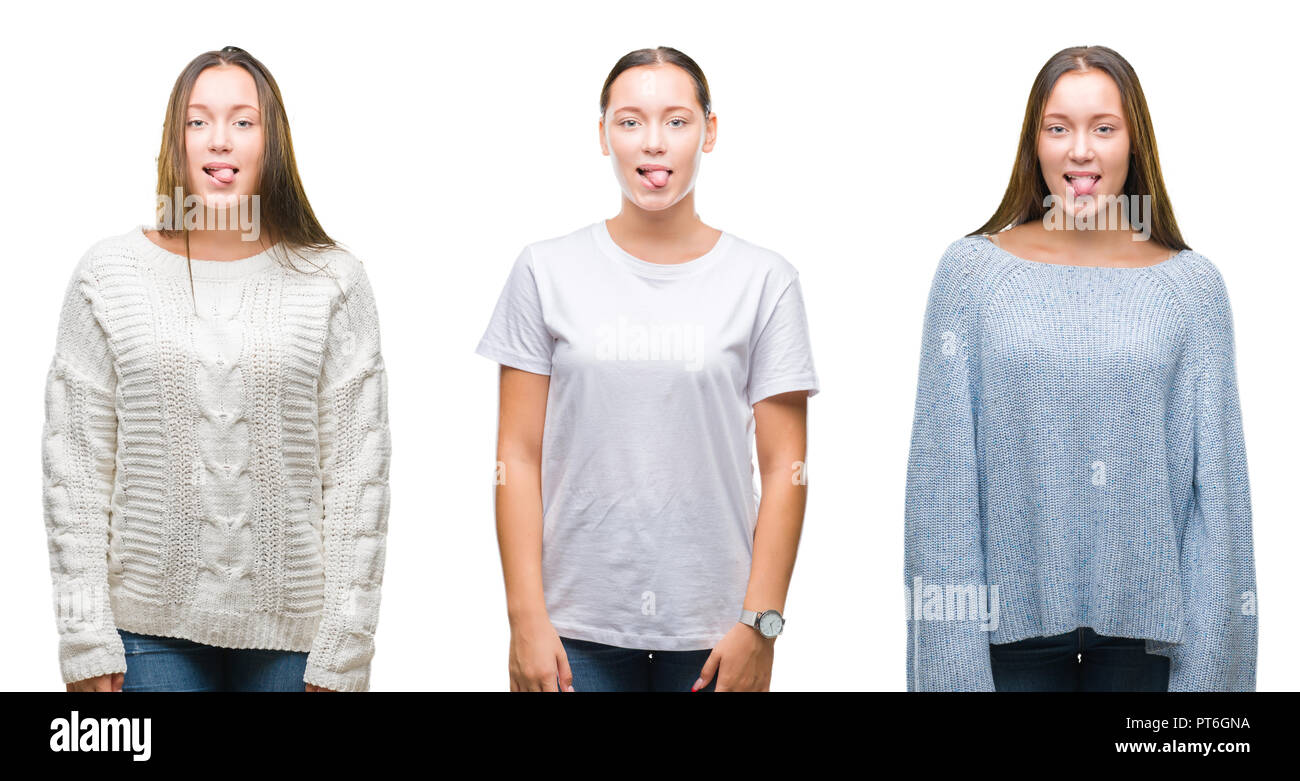 Collage of young beautiful girl wearing winter sweater over white ...