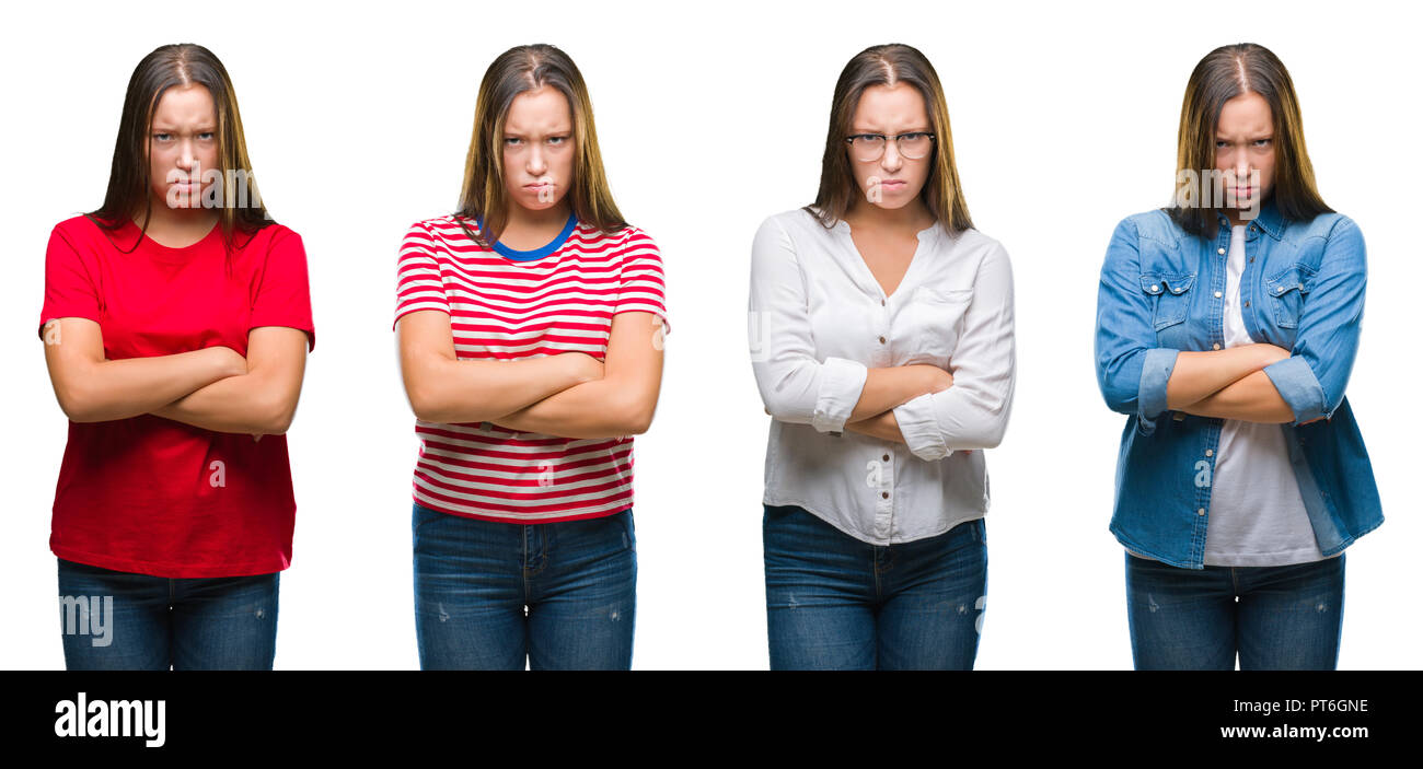 Collage of young beautiful girl over white isolated background skeptic ...