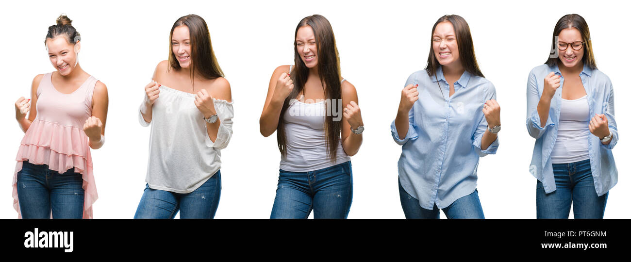 Collage of young beautiful brunette girl over white isolated background ...