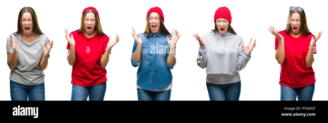 Collage of young beautiful brunette girl over white isolated background ...