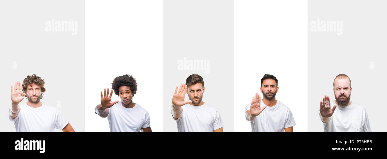 Collage of young caucasian, hispanic, afro men wearing white t-shirt ...