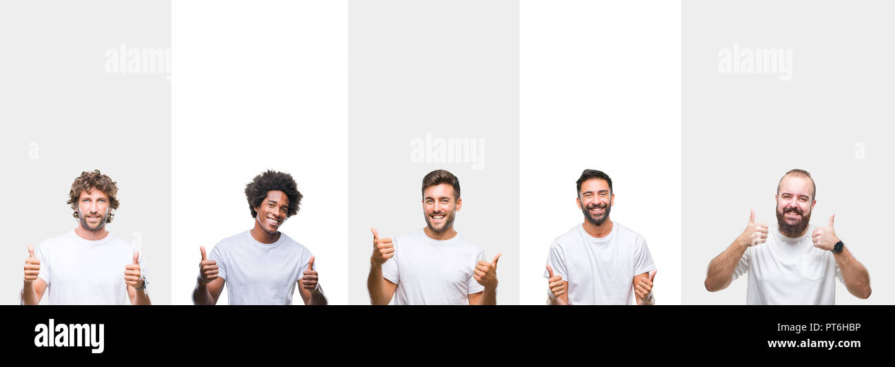 Collage of young caucasian, hispanic, afro men wearing white t-shirt ...
