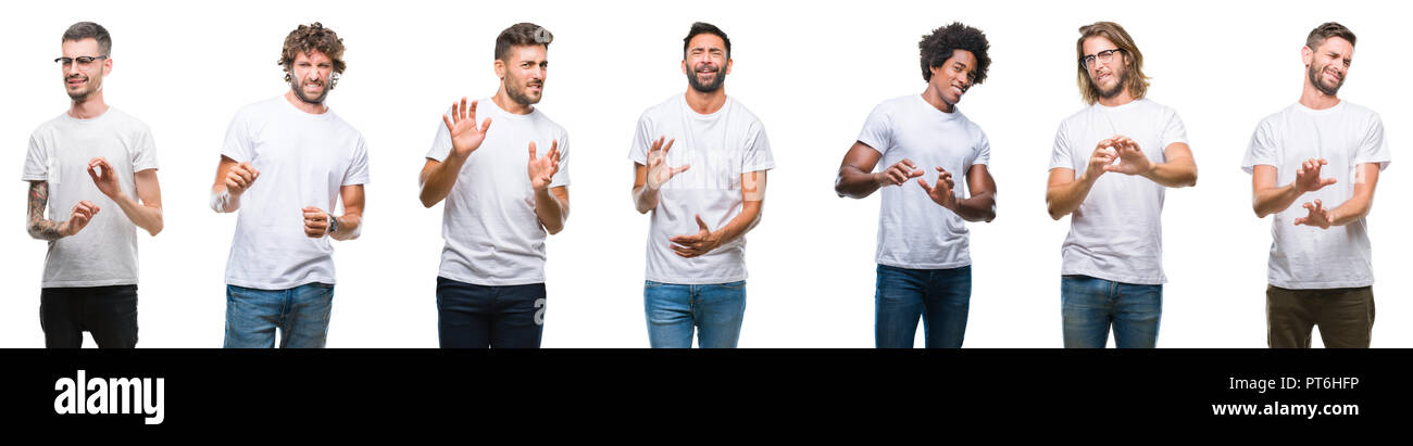 Collage of young caucasian, hispanic, afro men wearing white t-shirt ...