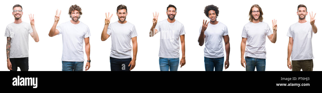 Collage of young caucasian, hispanic, afro men wearing white t-shirt ...