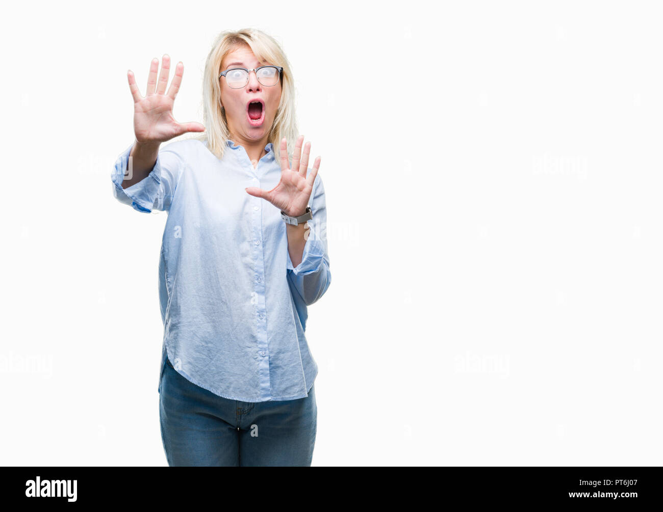 Young beautiful blonde business woman wearing glasses over isolated ...