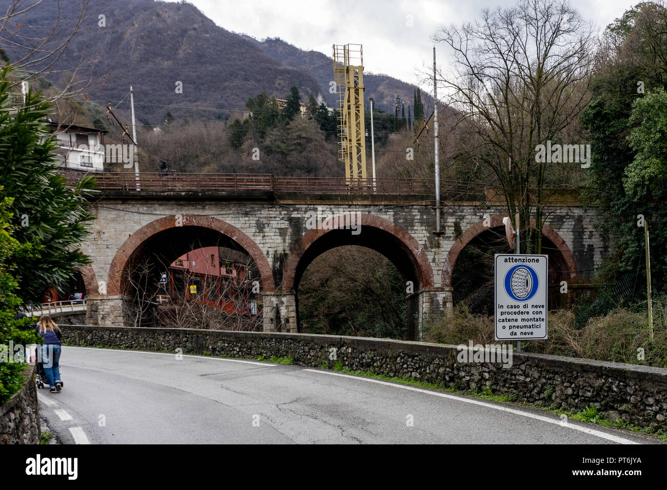 Europe, Italy, Varenna, Lake Como, ROAD BY BRIDGE AGAINST SKY Stock ...