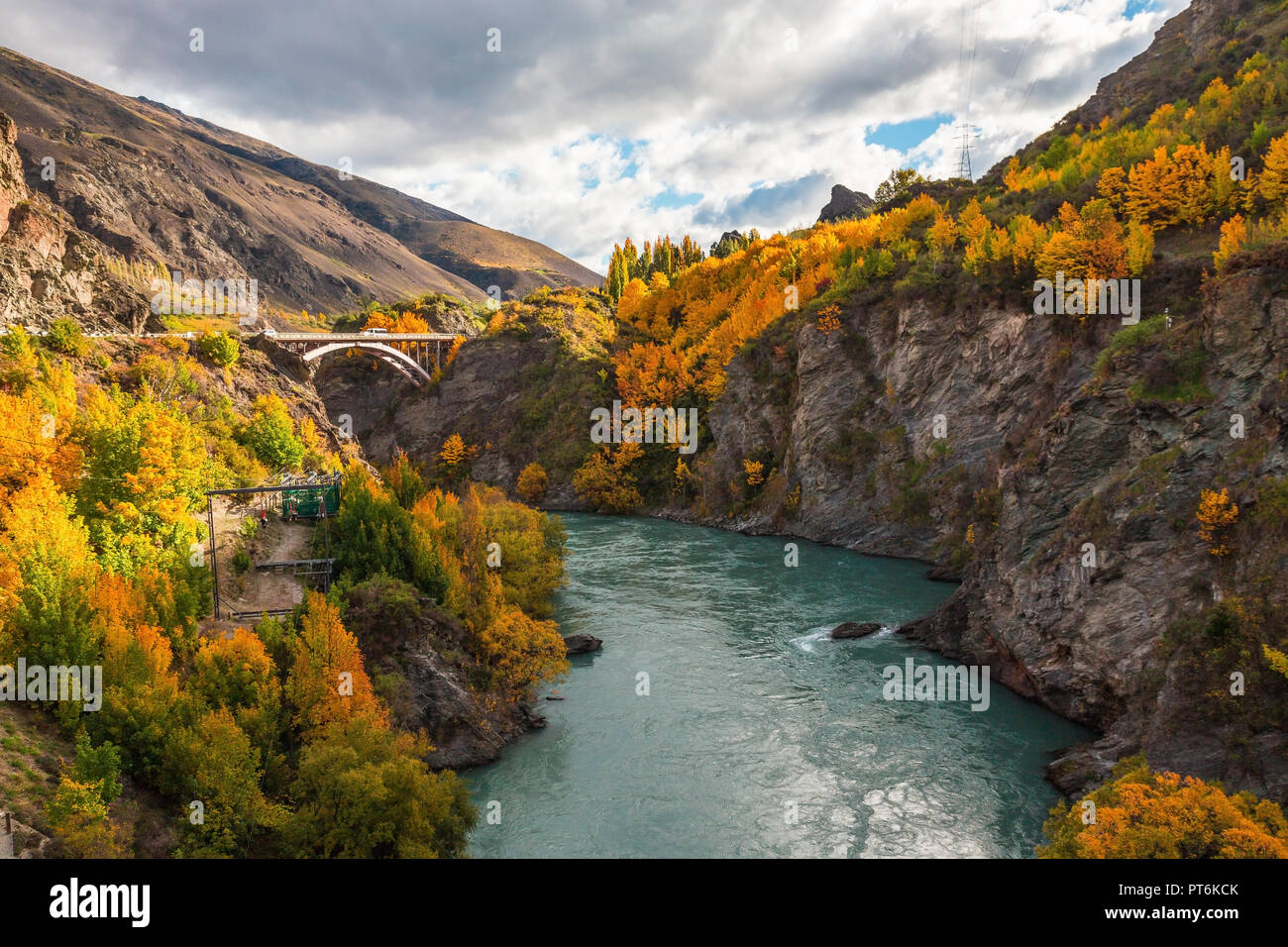 Wooden historic bridge over the shotover river, Queenstown, New Zealand ...