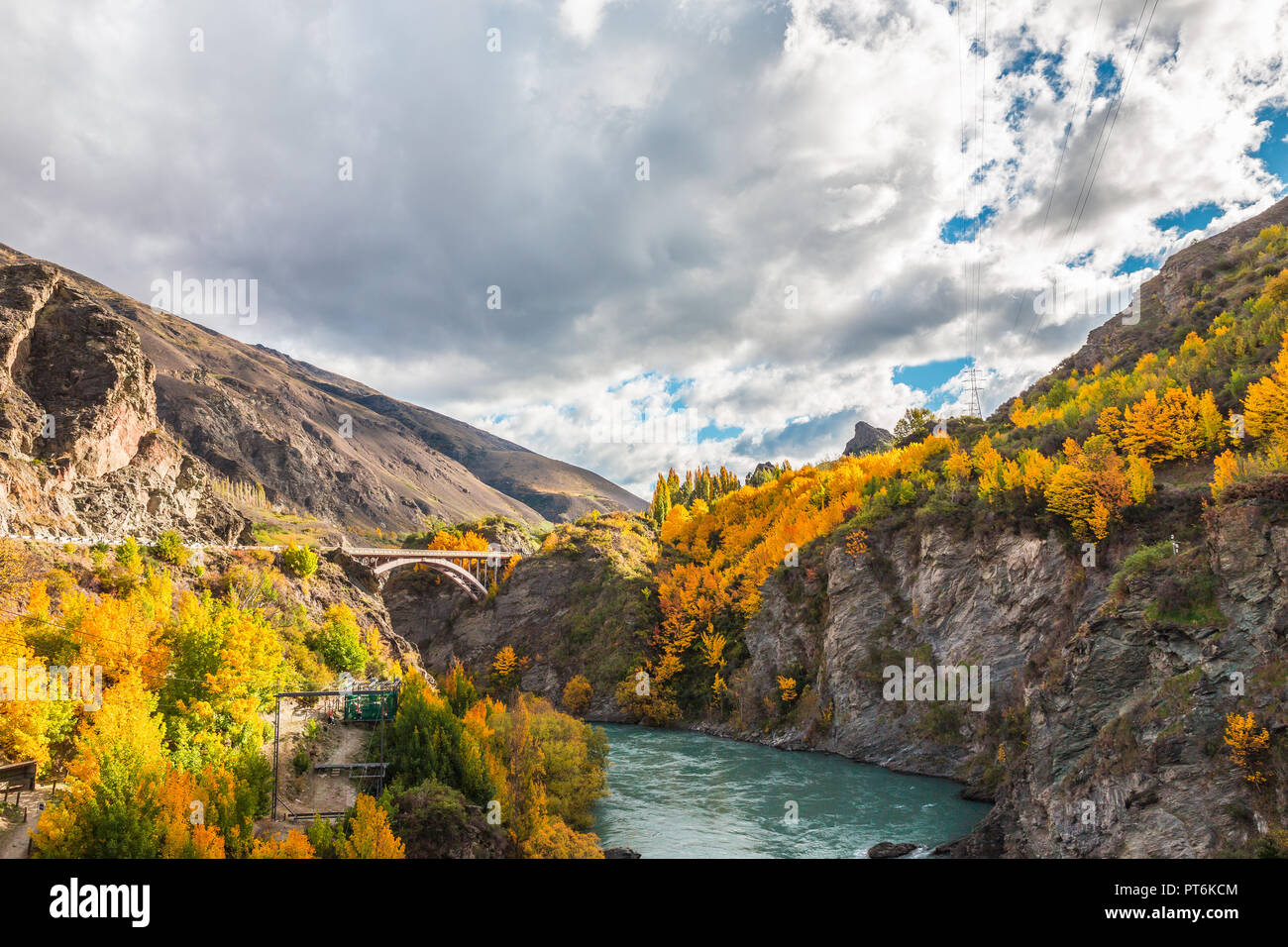 Wooden historic bridge over the shotover river, Queenstown, New Zealand ...