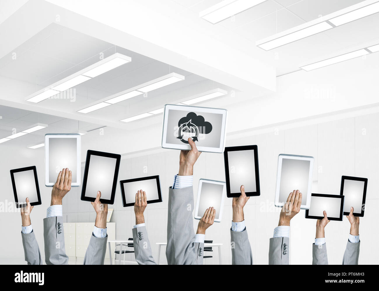 Close of businessman hands in line showing tablet pc with blank Stock ...