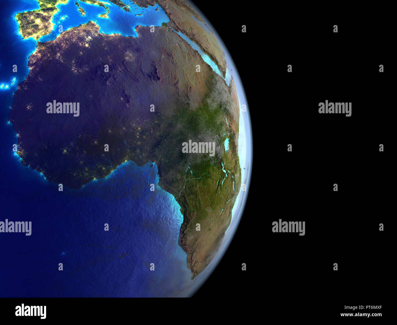 Africa on planet Earth from space with city lights. Satellite view. 3D ...