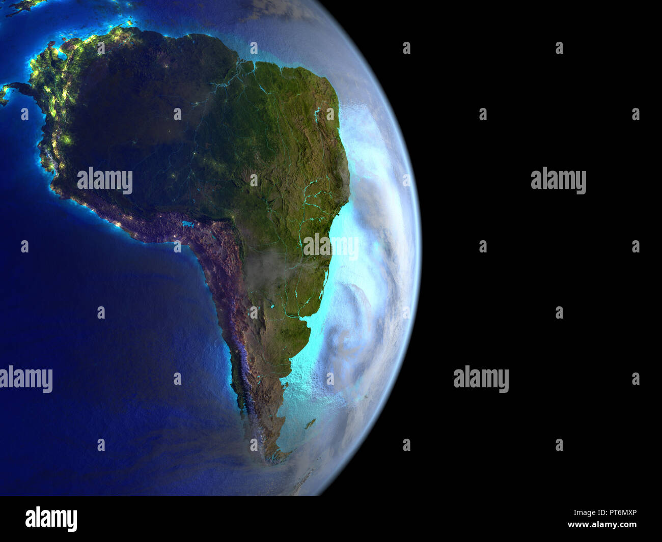 South America on planet Earth from space with city lights. Satellite ...