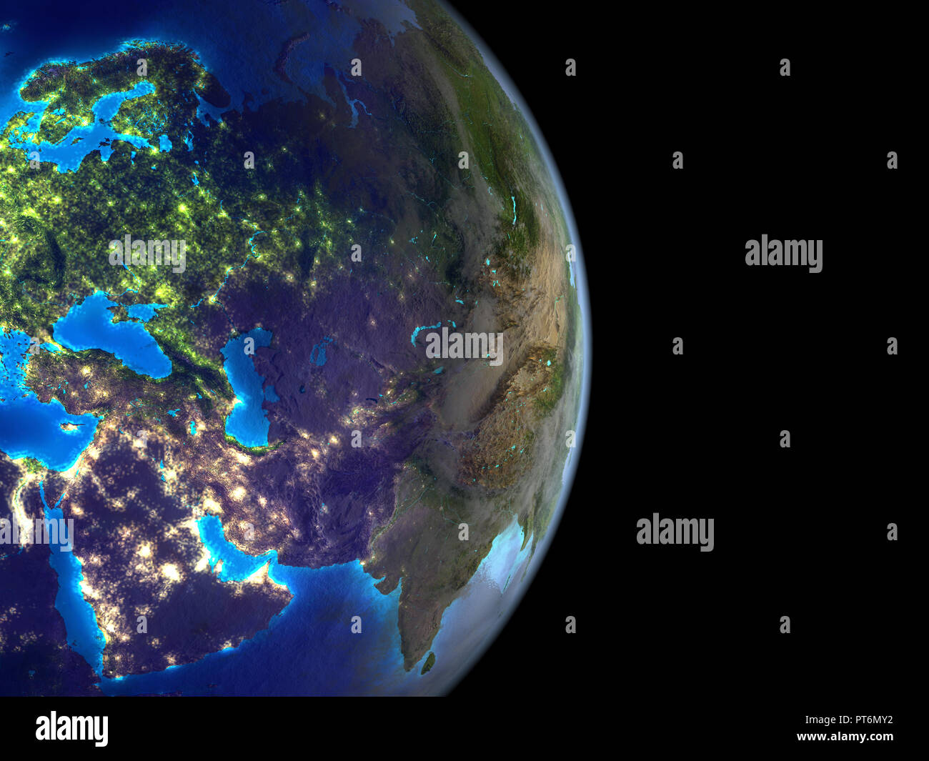 Asia on planet Earth from space with city lights. Satellite view. 3D ...