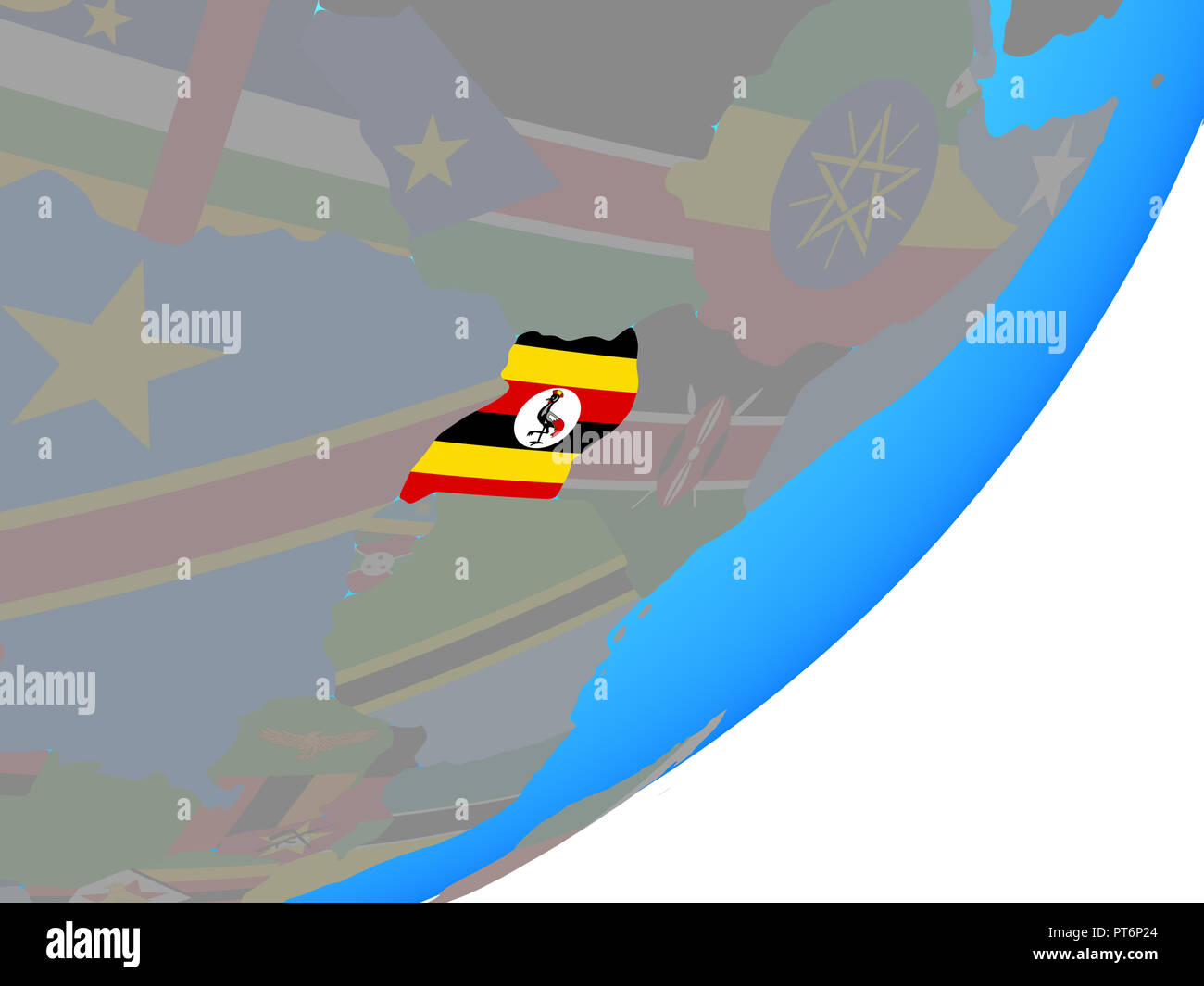 Uganda with embedded national flag on blue political globe. 3D ...