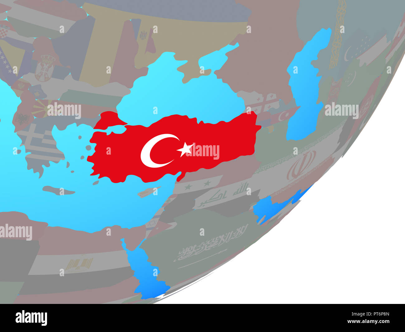 Turkey with embedded national flag on blue political globe. 3D ...