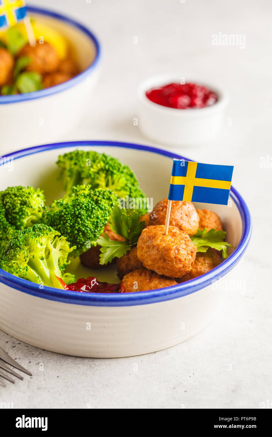 Swedish traditional meatballs with broccoli, boiled potatoes and ...