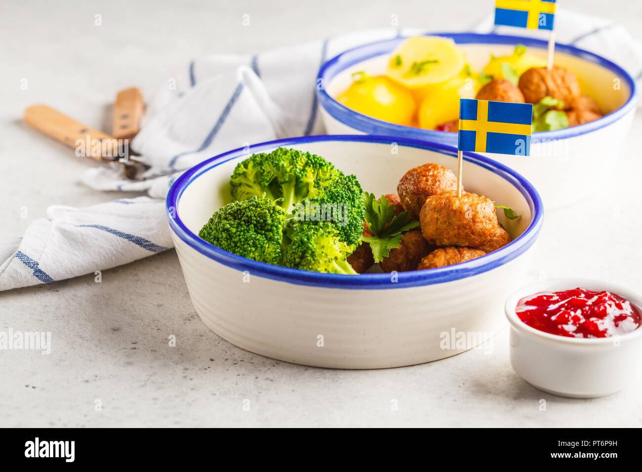 Swedish traditional meatballs with broccoli, boiled potatoes and ...