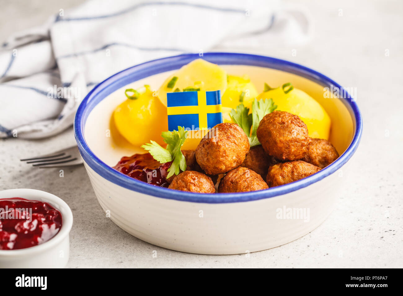 Swedish traditional meatballs with broccoli, boiled potatoes and ...
