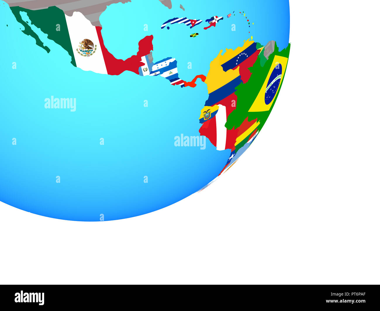 Latin America with embedded national flag on blue political globe. 3D ...