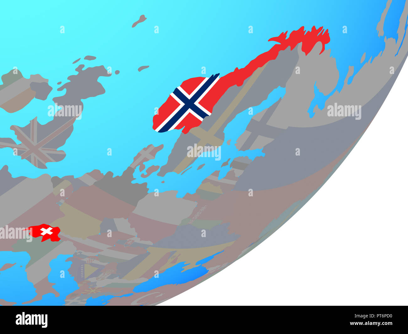 EFTA countries with embedded national flag on blue political globe. 3D ...