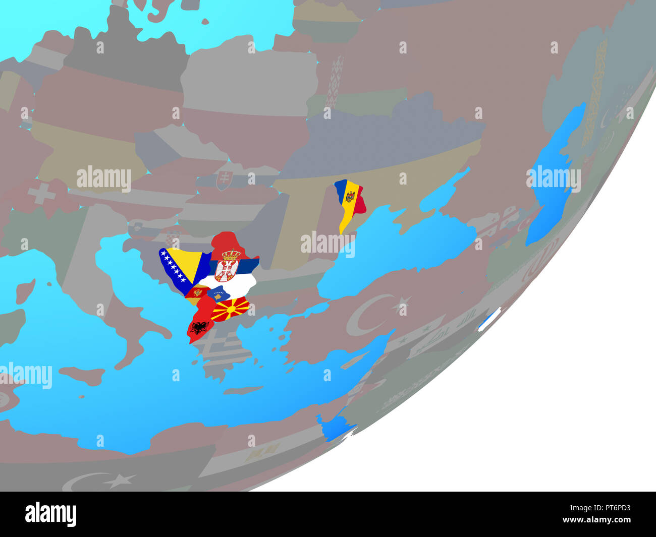 CEFTA countries with embedded national flag on blue political globe. 3D ...