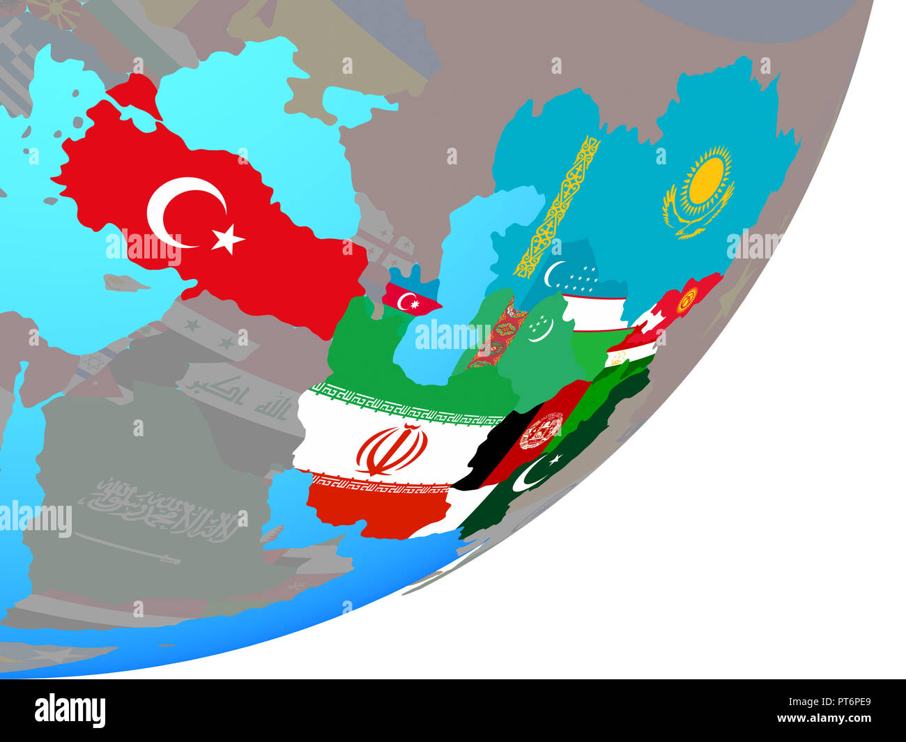 ECO member states with embedded national flag on blue political globe ...