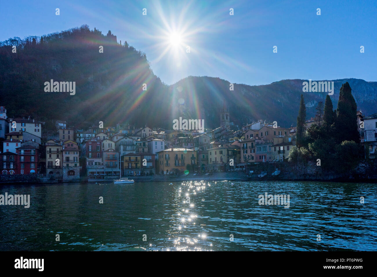 Europe, Italy, Bellagio, Lake Como, a large body of water with a ...