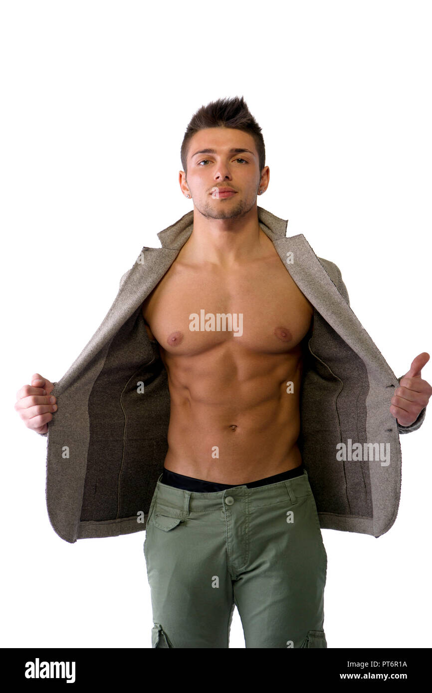 Attractive young man with open jacket on muscular torso Stock Photo - Alamy
