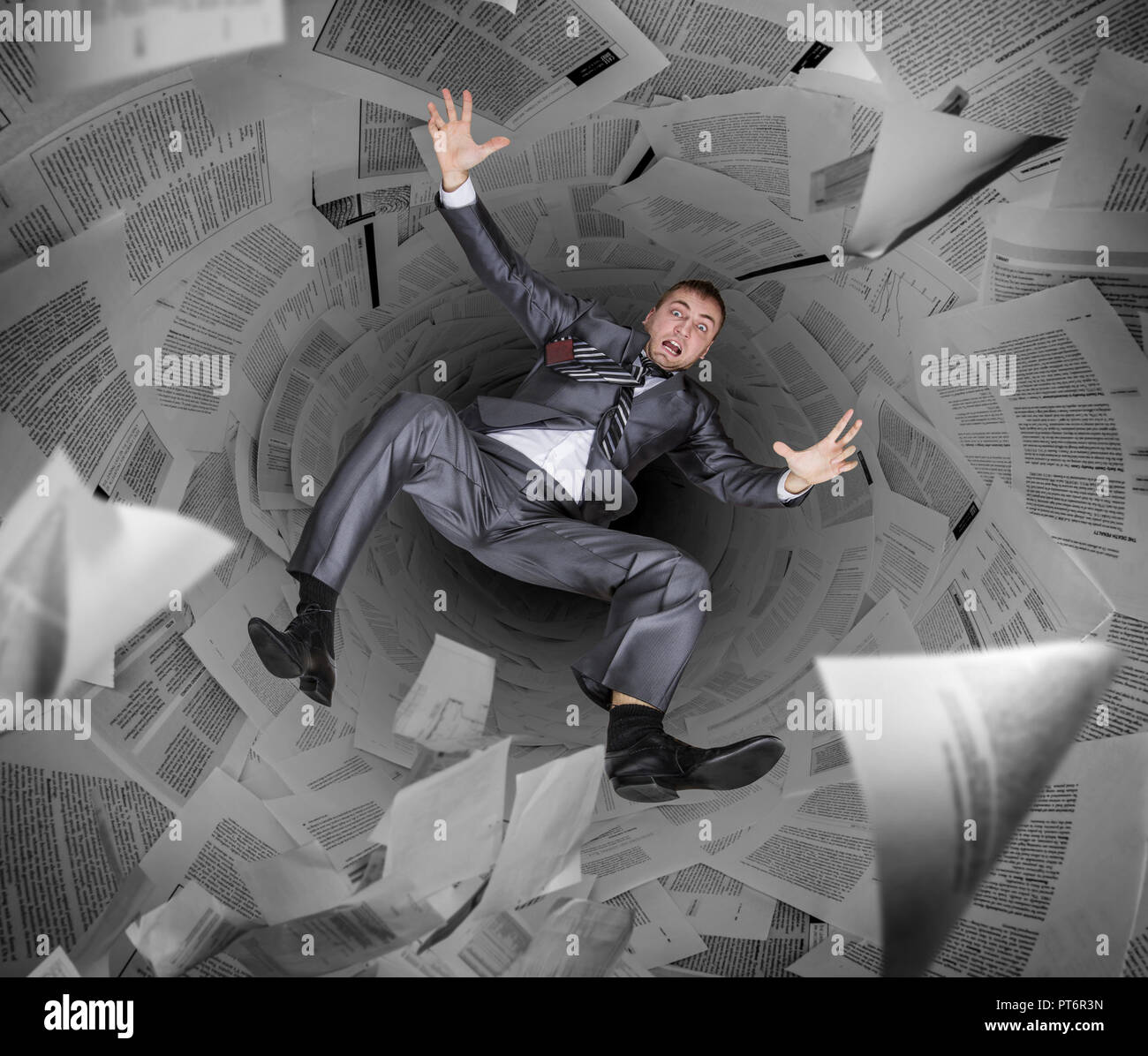 Crazy businessman drowning in a pile of papers and reports, bureaucracy ...