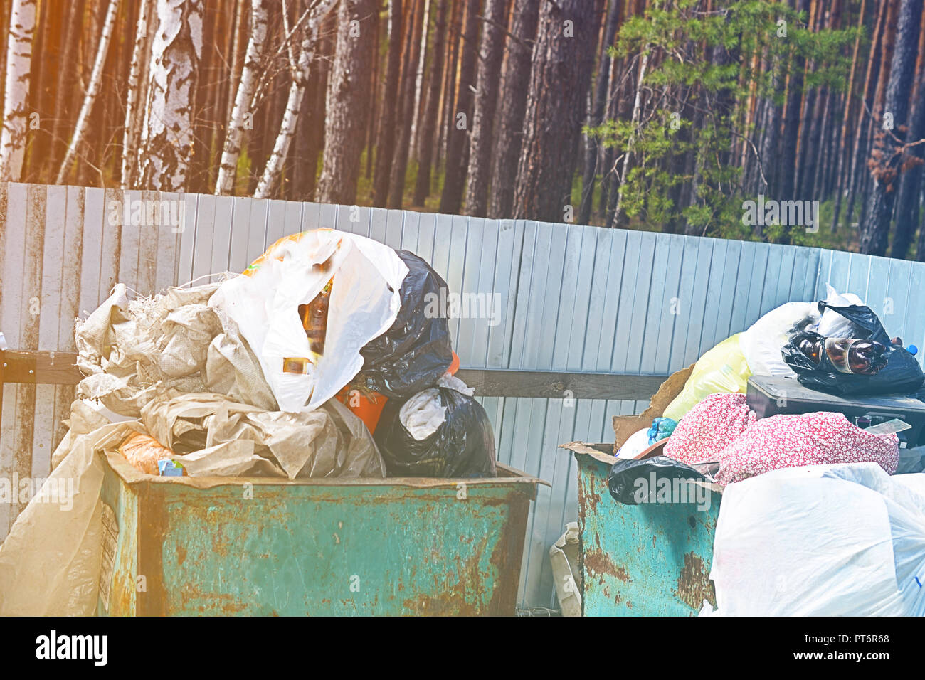 Litter box full of garbage in forest. Concept of ecology problem. Toned ...