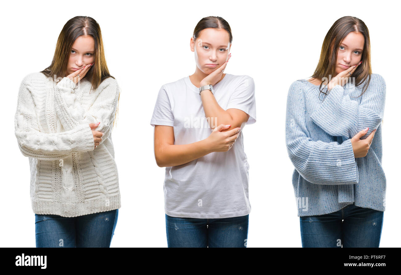 Collage of young beautiful girl wearing winter sweater over white ...