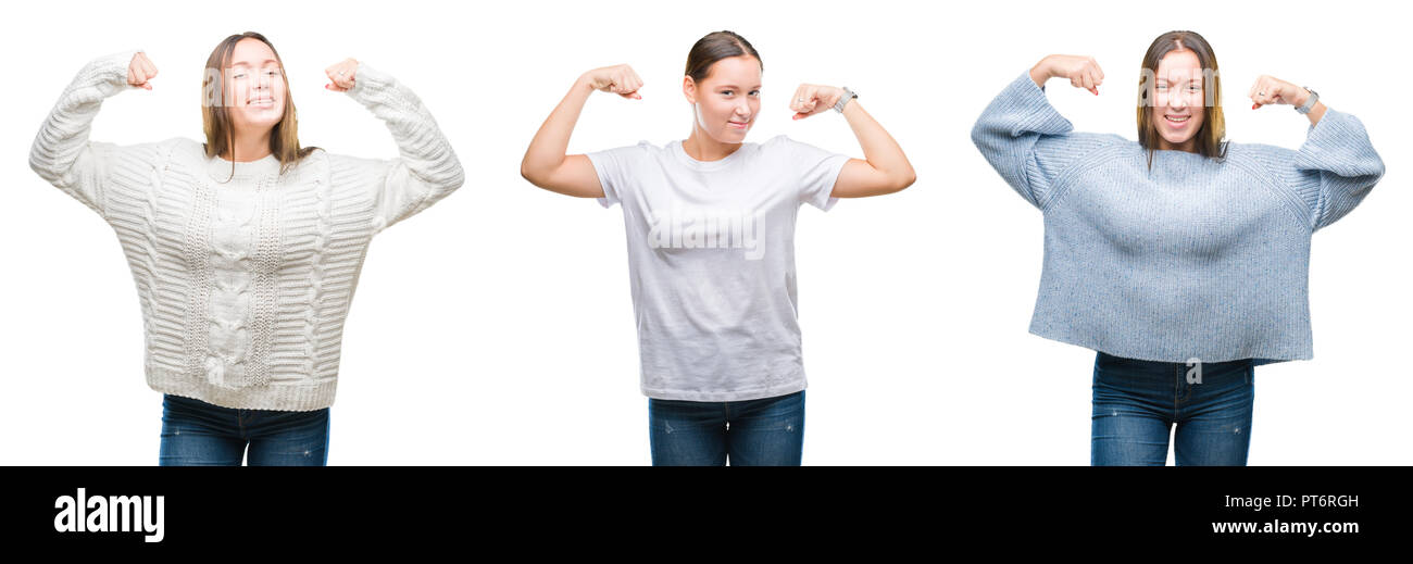 Collage of young beautiful girl wearing winter sweater over white ...