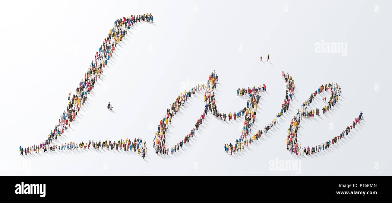 Concept A gathering of people forming the word Love, Typography ...