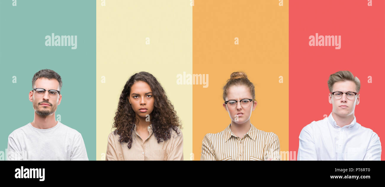Collage of a group of people isolated over colorful background skeptic ...