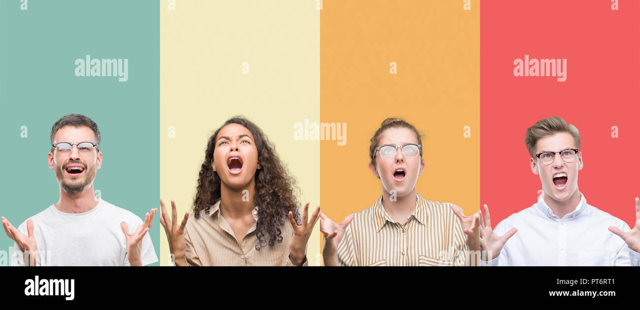 Collage of a group of people isolated over colorful background crazy ...