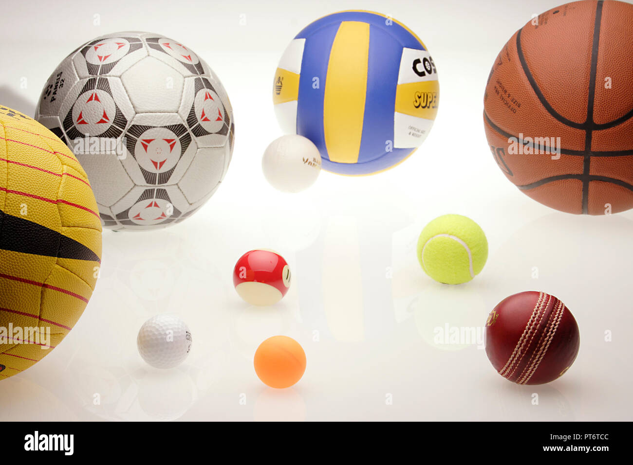 STILL LIFE OF ASSORTED BALLS OF VARIOUS SPORTS THROWBALL, VOLLEYBALL ...