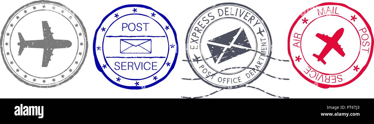 Postmarks. Colored set of postal elements with envelope and airplane ...