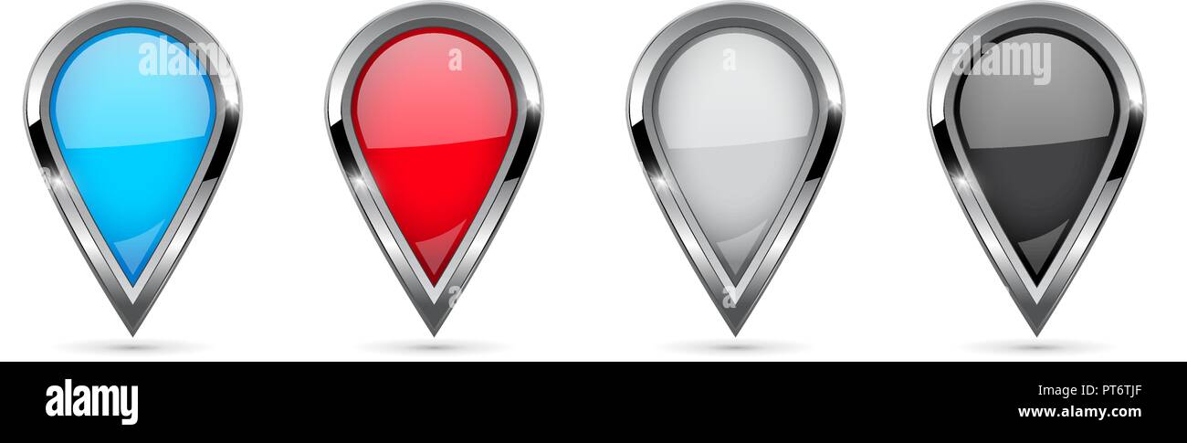 Location pins. 3d glass icons set with chrome frame Stock Vector Image ...