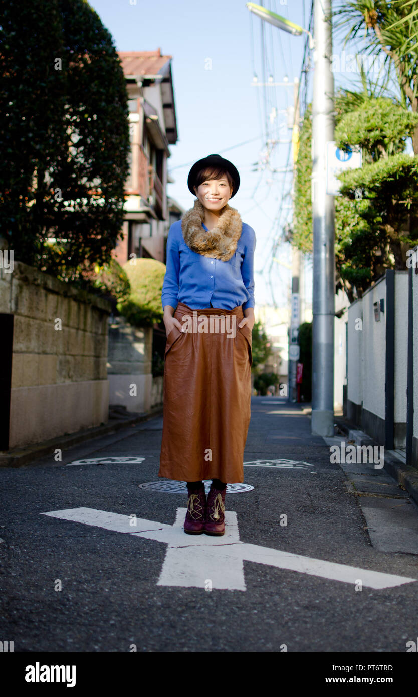Japanese Girl poses on the street in Shimo-Kitazawa, Japan. Shimo ...