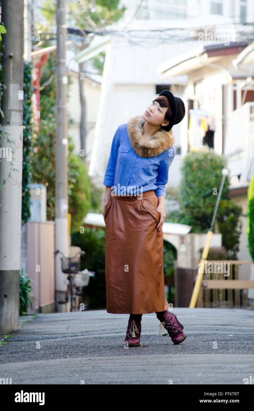 Japanese Girl poses on the street in Shimo-Kitazawa, Japan. Shimo ...