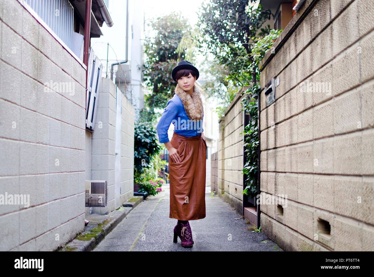 Japanese Girl poses on the street in Shimo-Kitazawa, Japan. Shimo ...