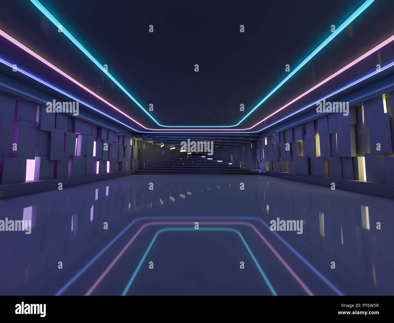 Background of an empty room with walls and neon light. Neon rays and ...