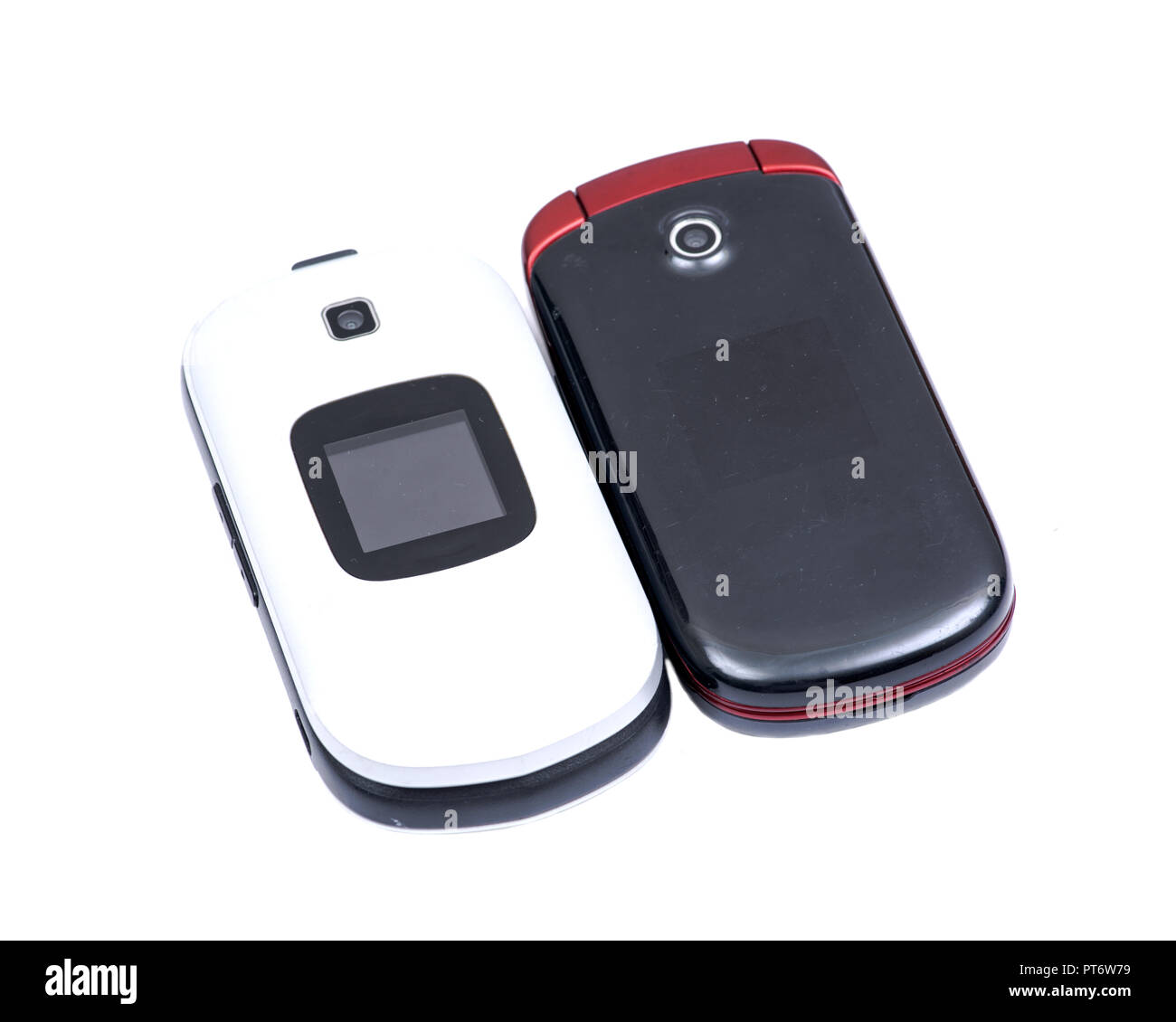 Old used flip cell phone isolated on white background Stock Photo - Alamy