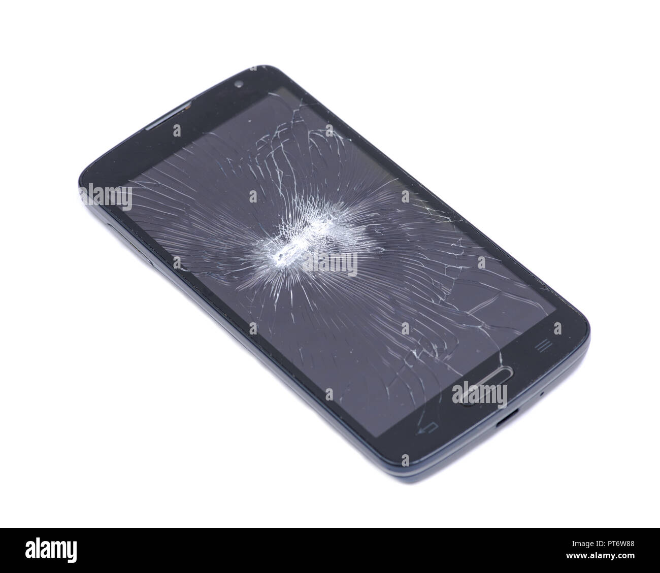Accidentally cracked, damaged smartphone LCD screen isolated on white ...